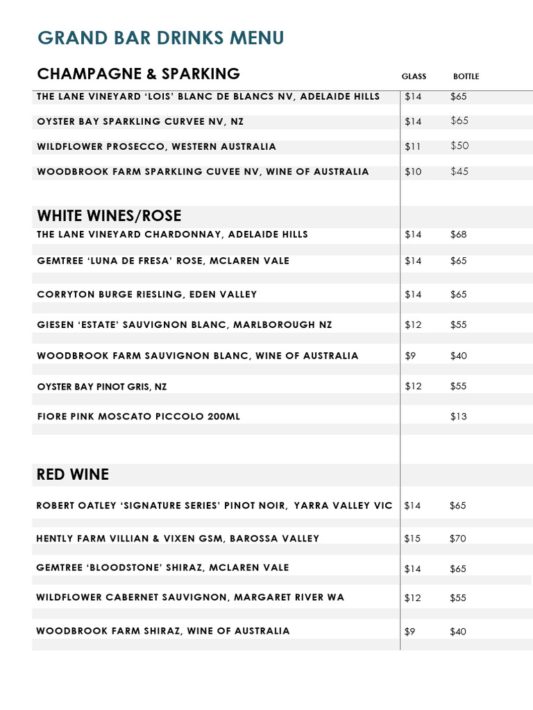 Grand Bar Drinks Menu Champagne Sparking PDF Hamburgers French