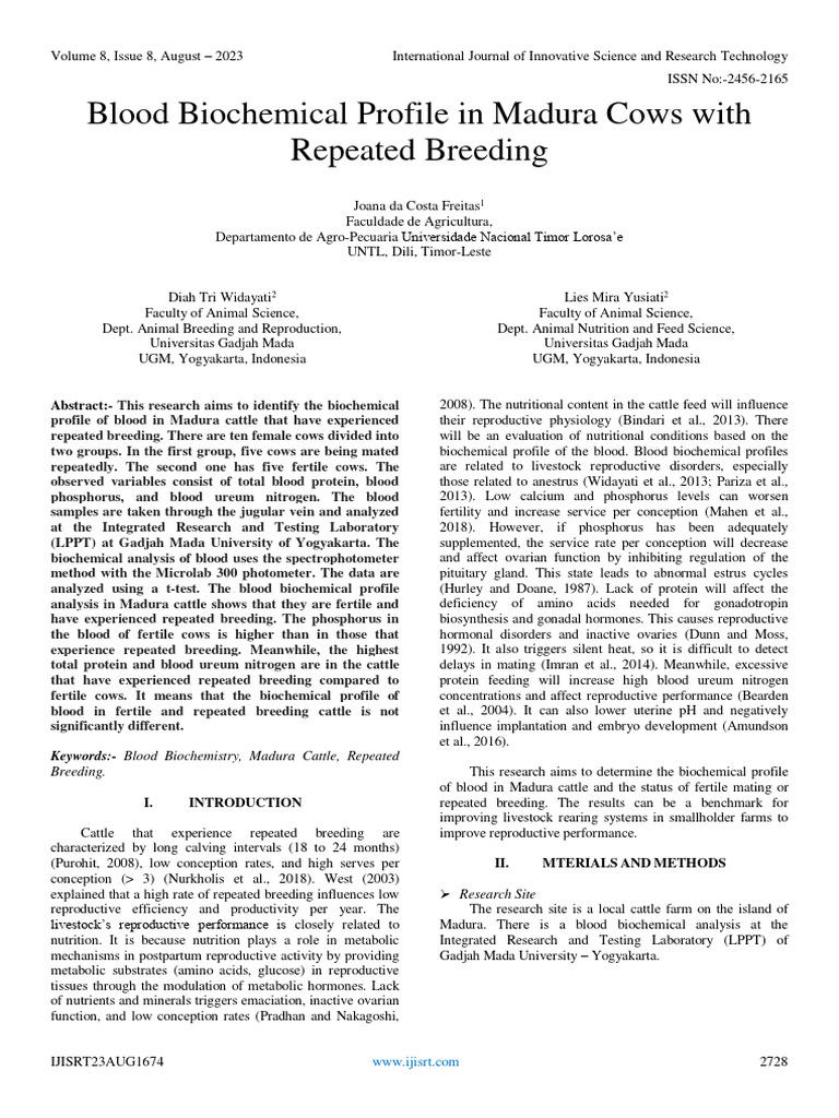Blood Biochemical Profile in Madura Cows With Repeated Breeding | PDF