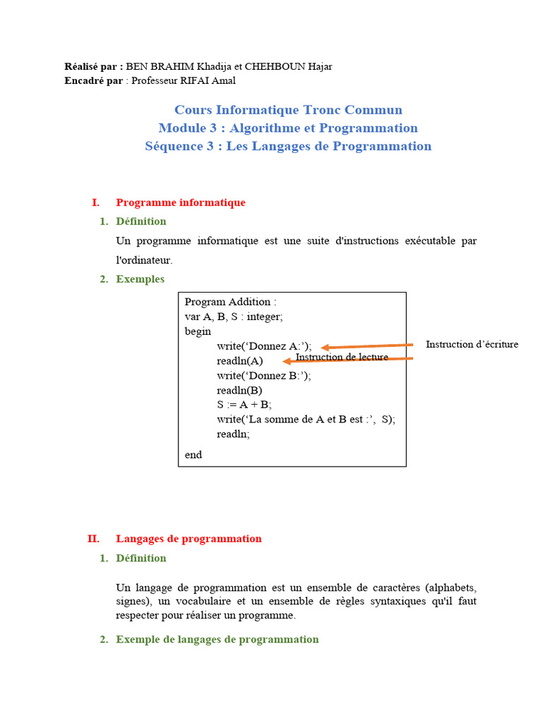 Cours M3 S3 Tronc Commun Informatique | PDF | Langage de programmation | Programmation informatique