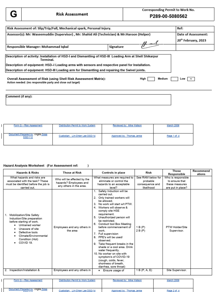 JSA (Loading Arm) | PDF | Risk | Hazards