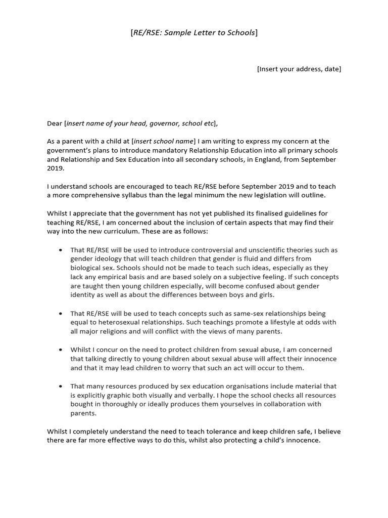 Sample Letter To Schools Eng | PDF | Sex Education | Gender
