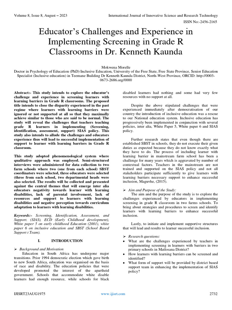 Educator's Challenges and Experience in Implementing Screening in Grade R Classrooms in Dr ...