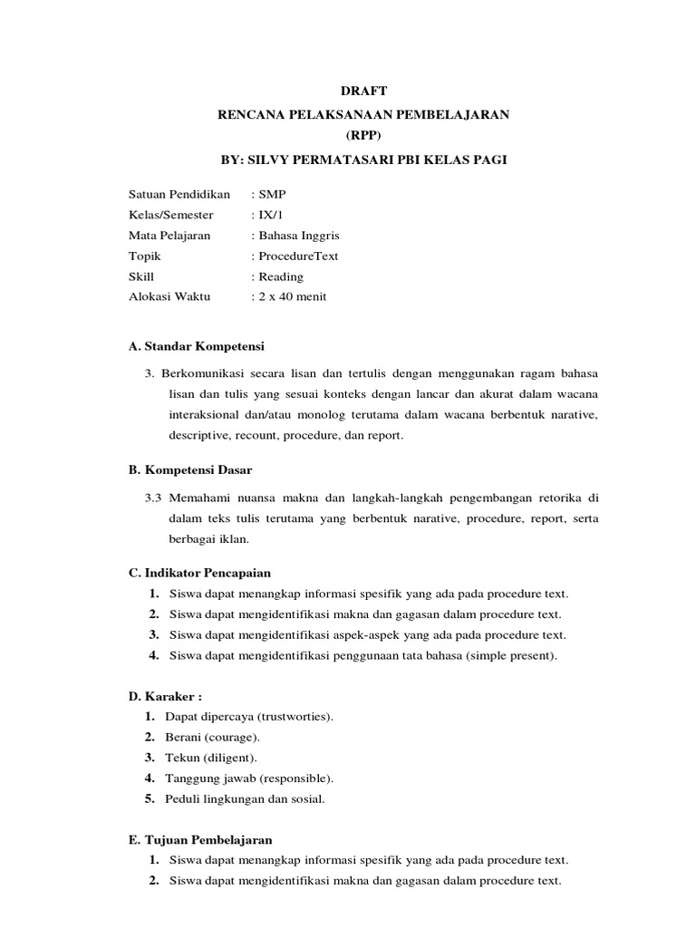 Draft RPP For Micro Teaching Materi Procedure Text Skill Reading by SILVY PERMATASARI KELAS PAGI ...