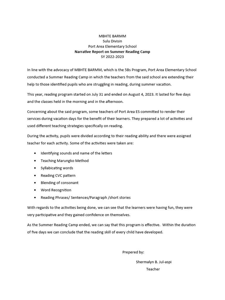 Narrative Report On Summer Learning Camp | PDF