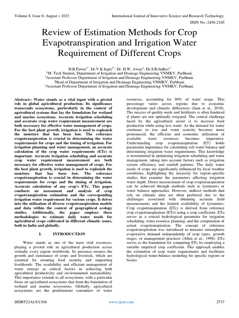 Review of Estimation Methods For Crop Evapotranspiration and Irrigation ... Review of Estimation Methods For Crop Evapotranspiration and Irrigation ...