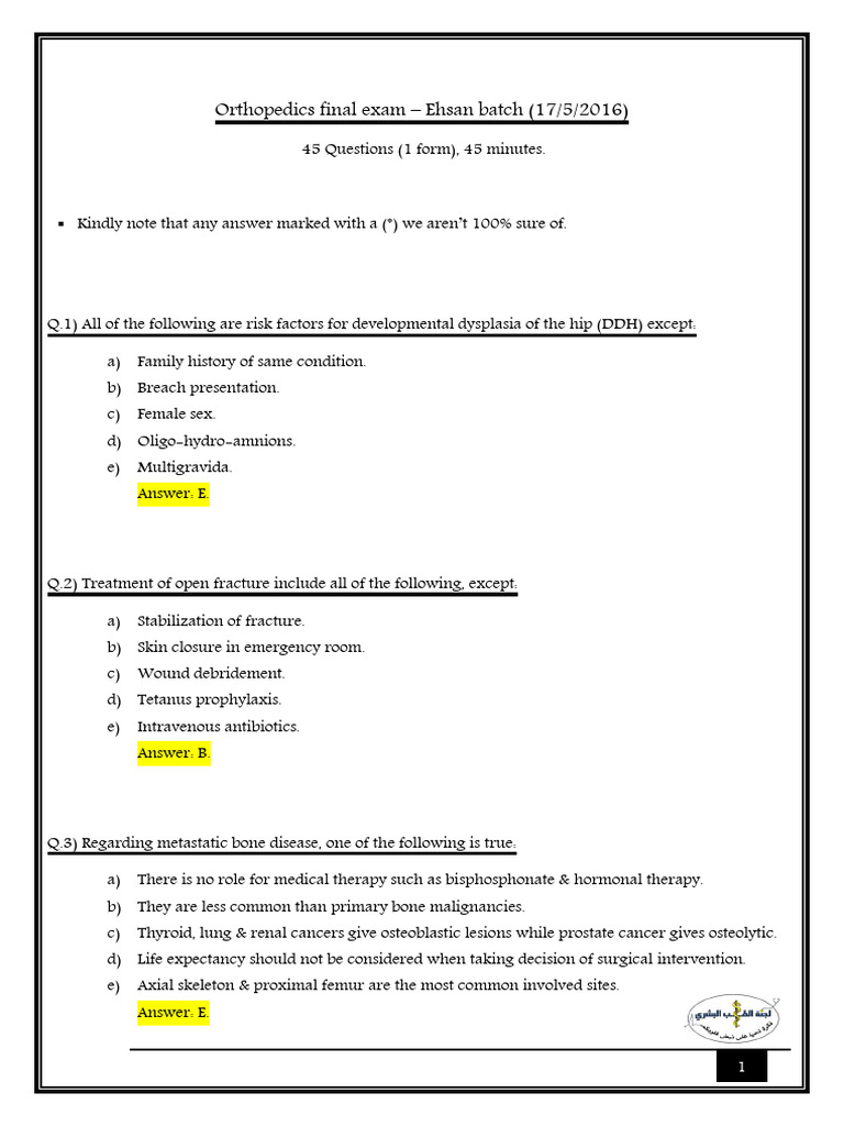 Orthopedics Final Exam Ehsan | PDF | Knee | Anatomical Terms Of Motion