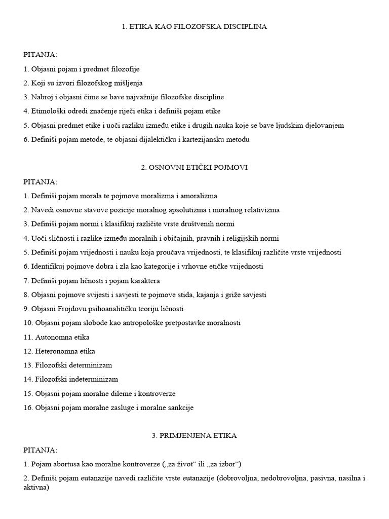 pitanja za razredni ispit iz etike I | PDF