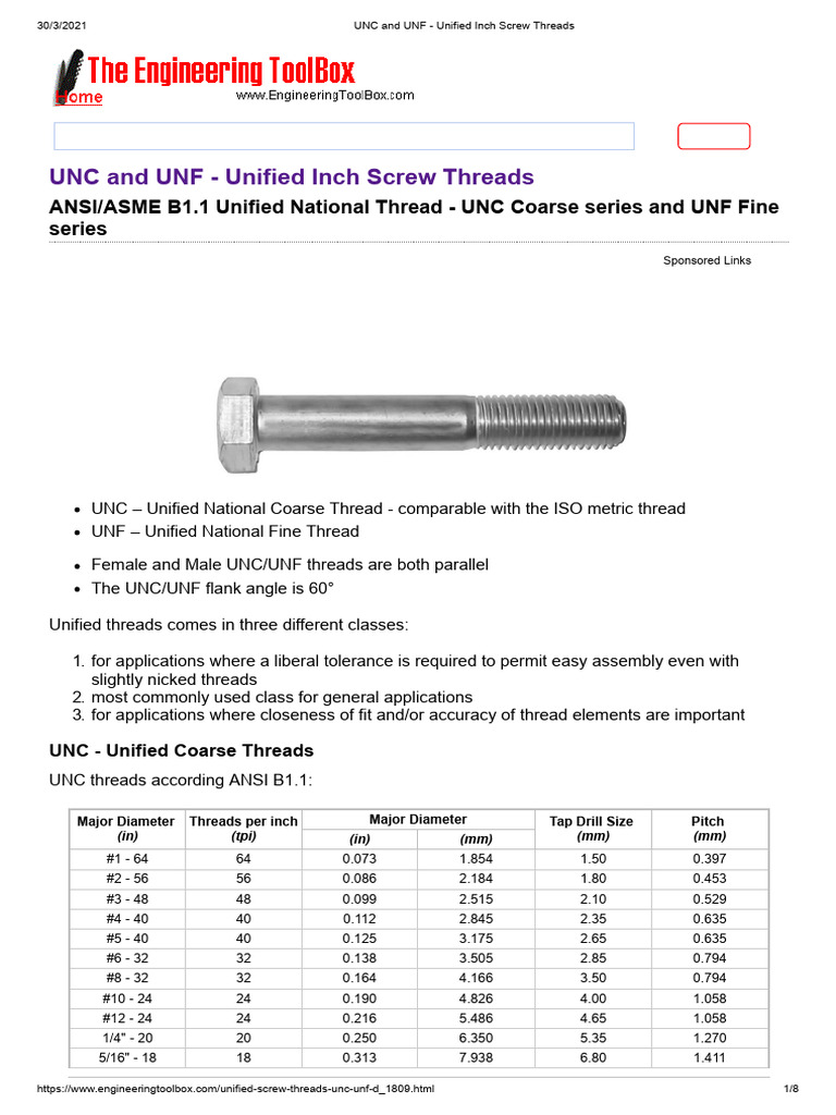 UNC and UNF - Unified Inch Screw Threads | Descargar gratis PDF | Screw ...