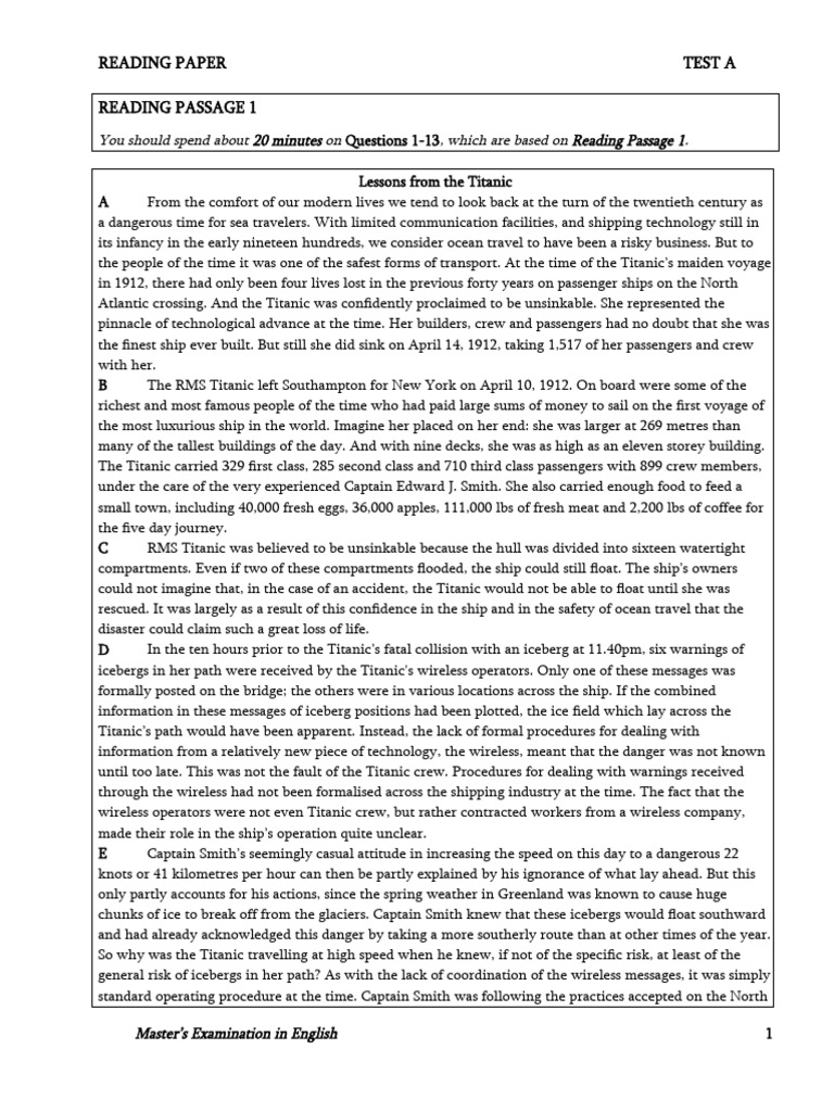 Test A - Reading Passage 1 | PDF | Maritime Incidents | Ships