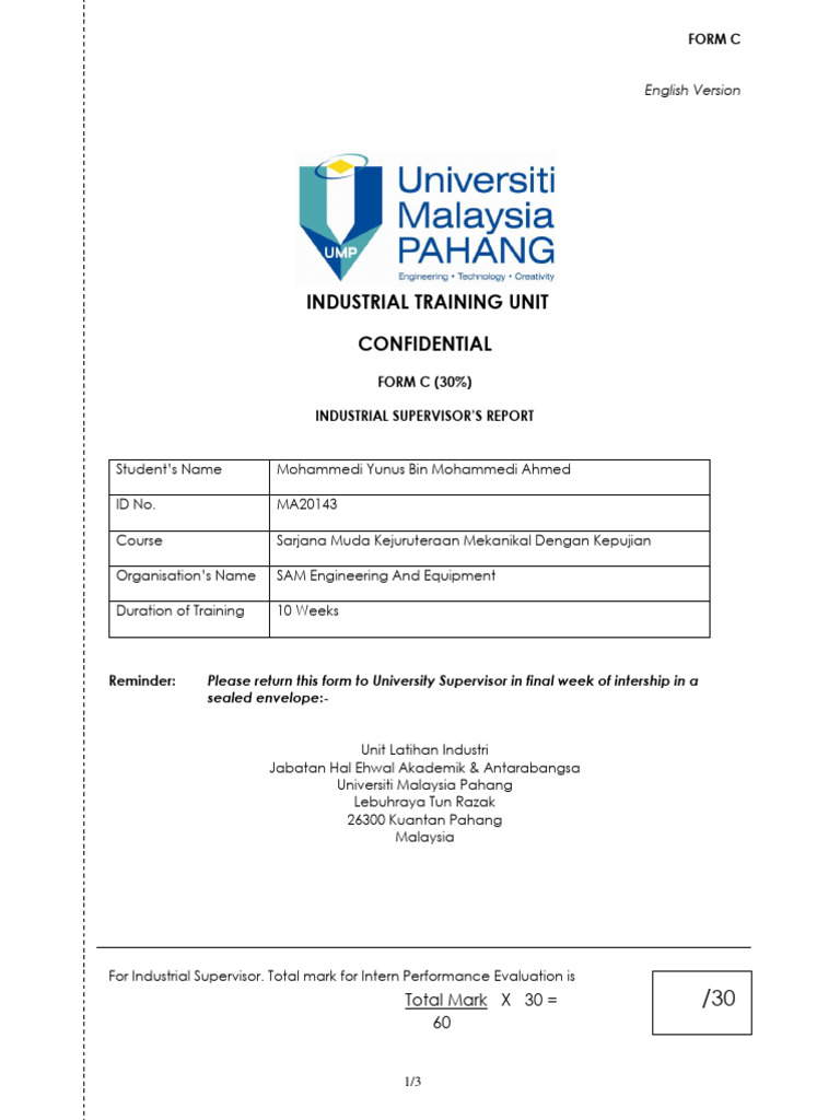 Form C Industrial Supervisor Report | PDF | Business | Cognition