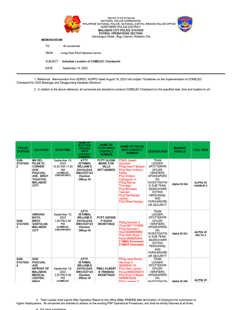 Ss6 Comelec Checkpoint Schedule September 18-24, 2023 | PDF | Law ...