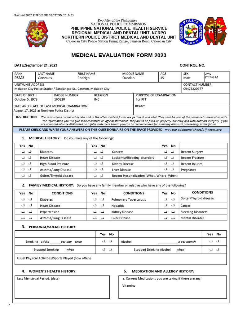 PNP Medical Evaluation Form 2023 | PDF | Obesity | Body Mass Index