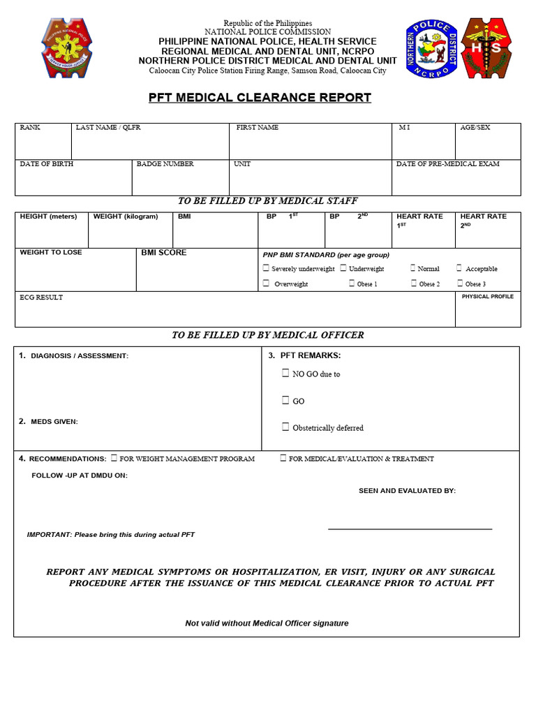 PNP Medical Clearance Report Template | PDF | Body Mass Index | Obesity