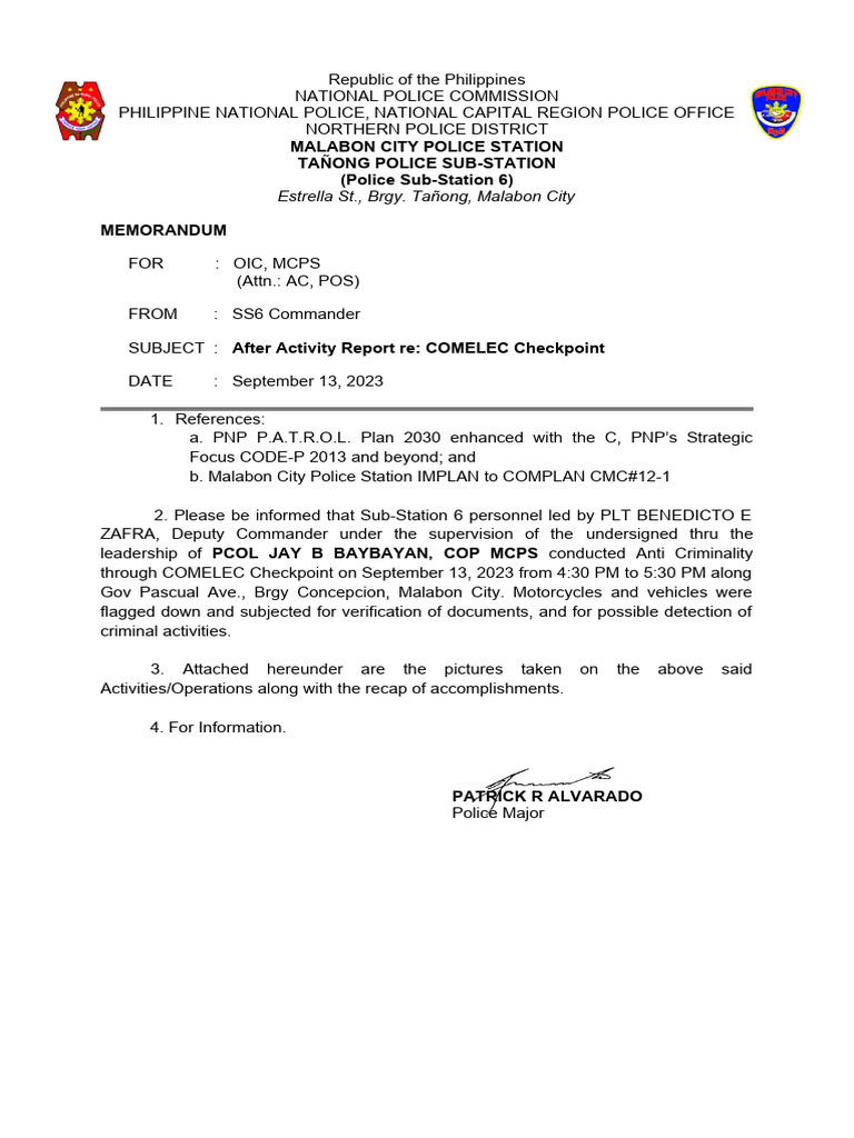SS6 AAR Re COMELEC Checkpoint Sept. 13, 2023 | PDF | Local Government ...