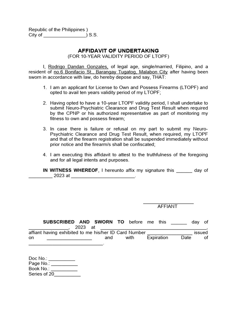 10-Year LTOPF Affidavit of Undertaking | PDF