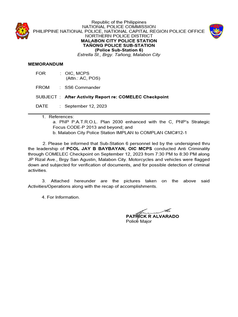 SS6 AAR Re COMELEC Checkpoint Sept. 12, 2023 | PDF | Philippines | Law ...