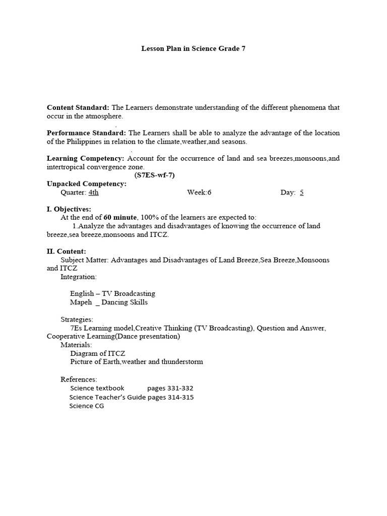 Grade 7 Science Lesson Plan: Breezes & Monsoons | PDF | Learning | Teachers