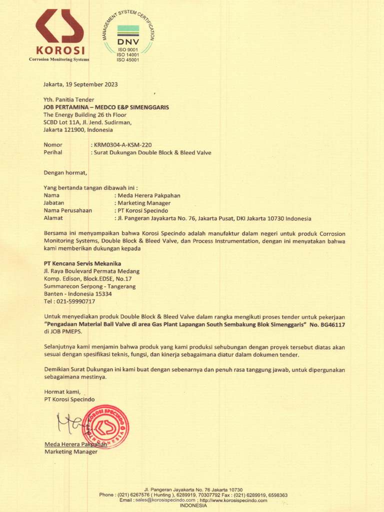 KRM0304 A KSM 220 Surat Dukungan Vendor | PDF