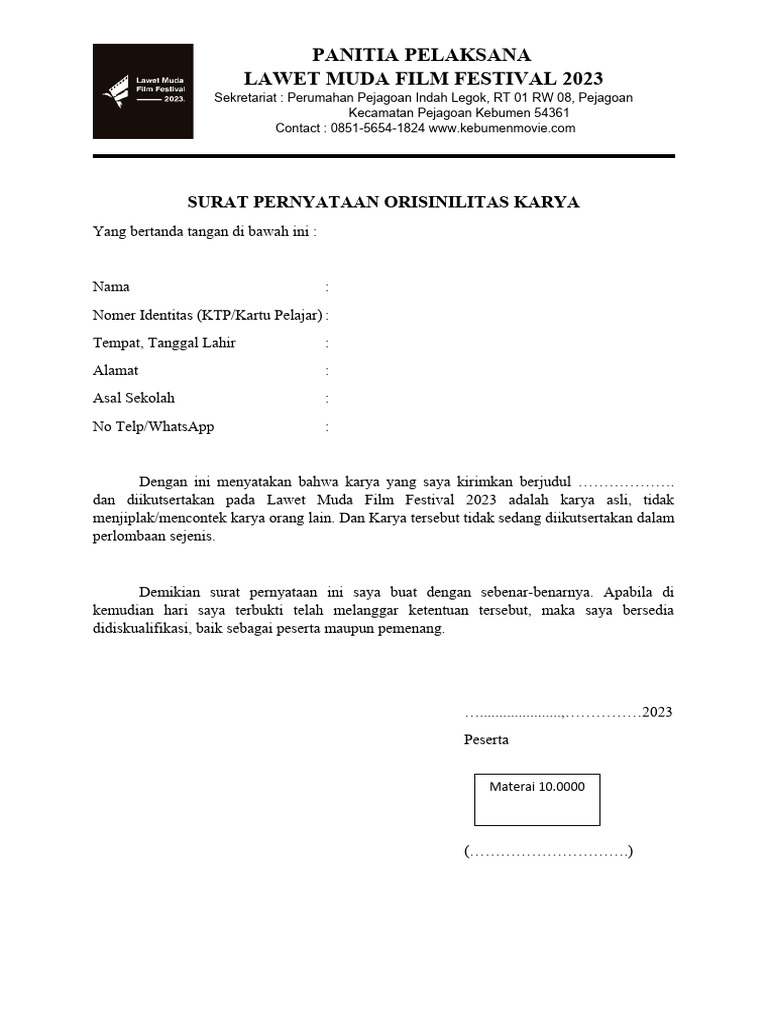 Template - Surat Pernyataan Orisinilitas Karya 2023 | PDF