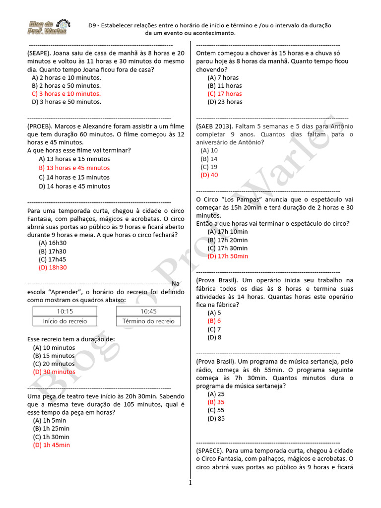 D9 (5º ANO - Mat.) - Blog Do Prof. Warles | PDF | Tempo