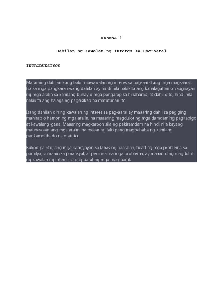 Kabana 1 Dahilan NG Kawalan NG Interes Sa Pag-Aaral Introduksiyon | PDF