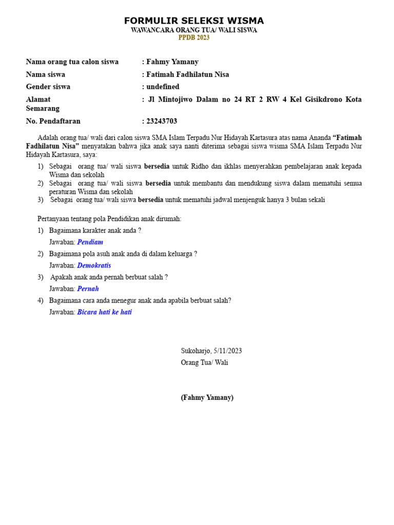 Form Quisoner Orang Tua - Fahmy Yamany-Perempuan | PDF | Karier ...