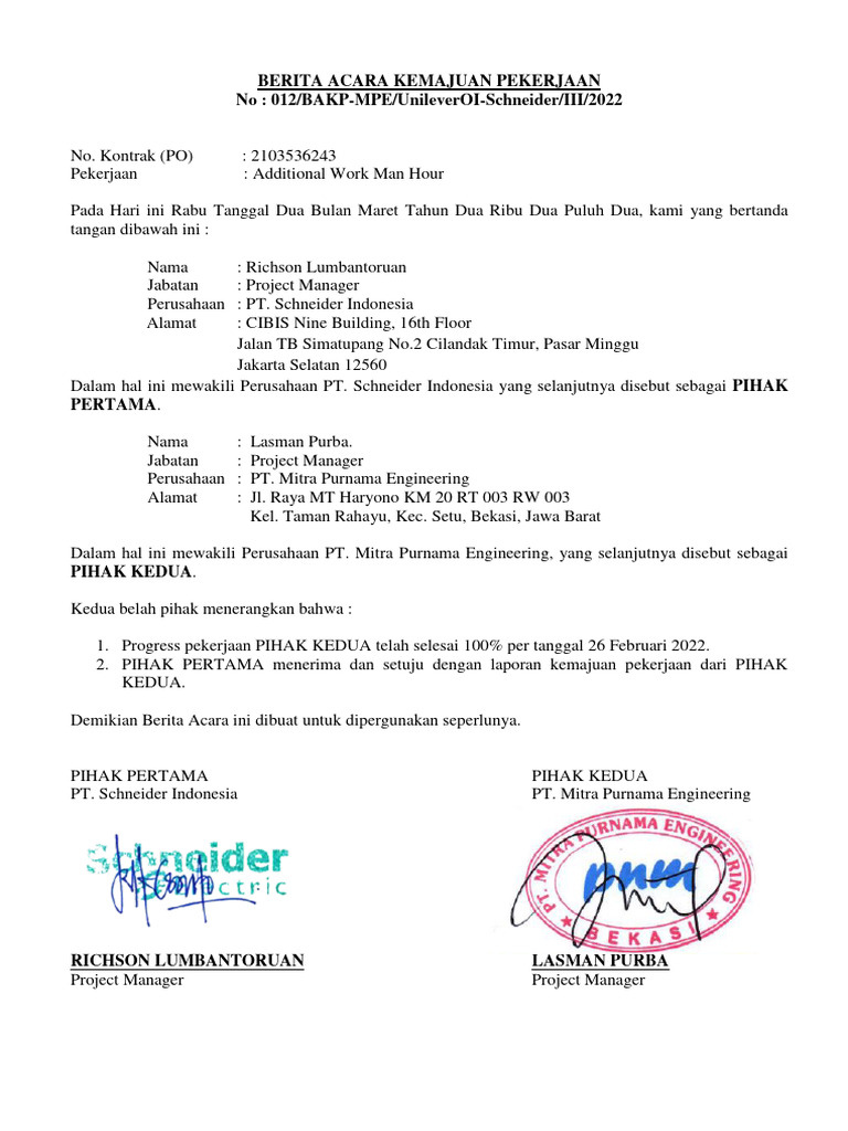 BAP - PO 2103 536243-100% Full Payment - Additional WorkMan Hour For Modifikasi Panel Existing | PDF