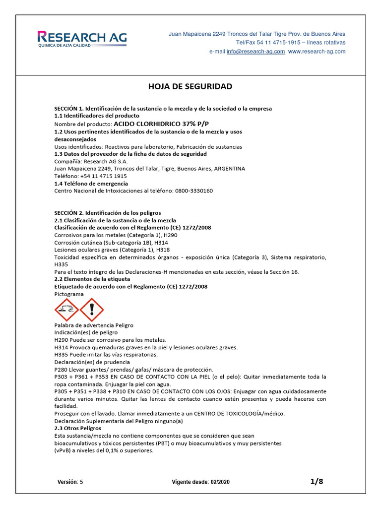 MSDS HCL (Research AG-Anedra) | PDF | Ácido clorhídrico | Toxicidad