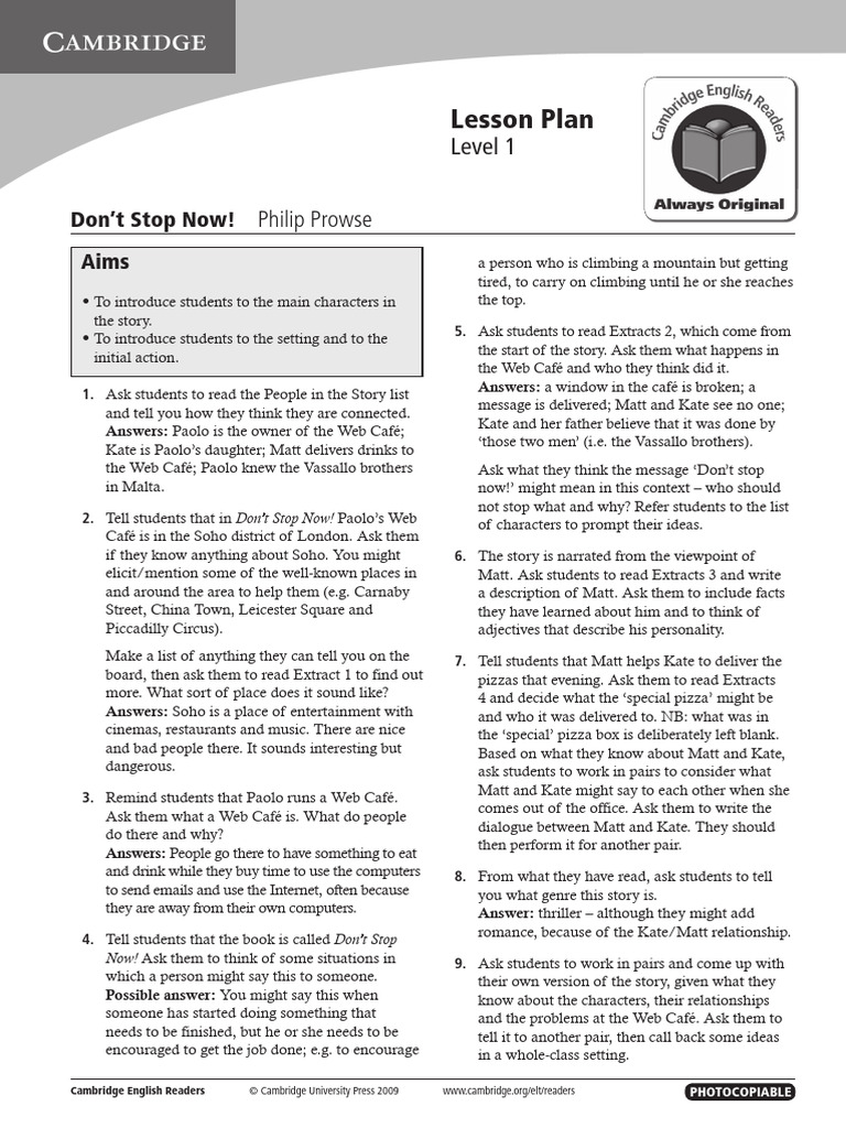 Cambridge English Readers Level1 Beginner Dont Stop Now Lesson Plan | PDF