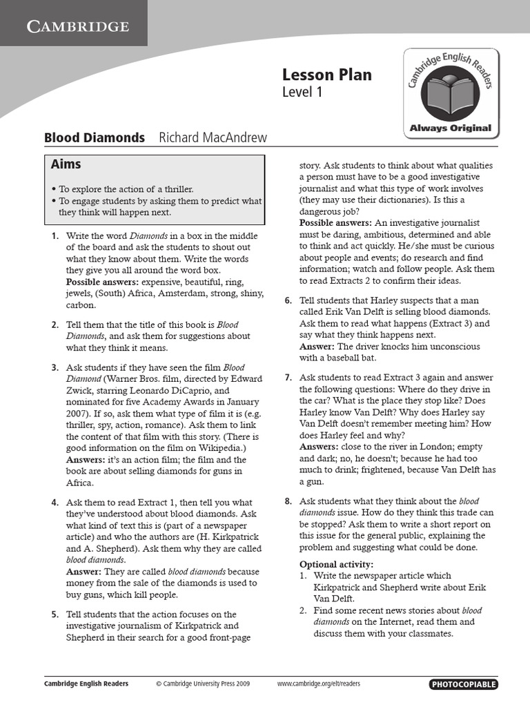 Cambridge English Readers Level1 Beginner Blood Diamonds Lesson Plan | PDF | Young Adult