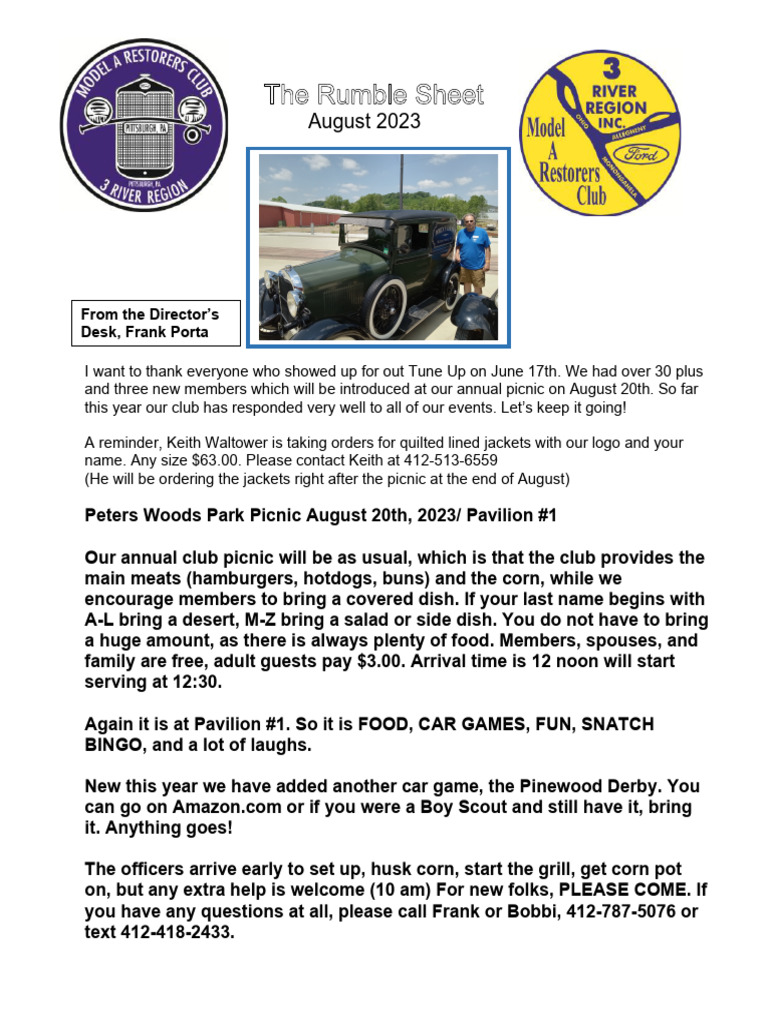 3 River Model A Newsletter August 2023 Rev0 2 | PDF | Car | Motor Vehicle