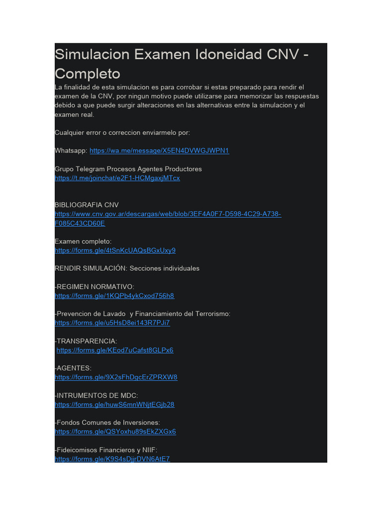 Simulacion Examen Idoneidad CNV - Por Sección. | Descargar gratis PDF | Pequeñas y medianas ...