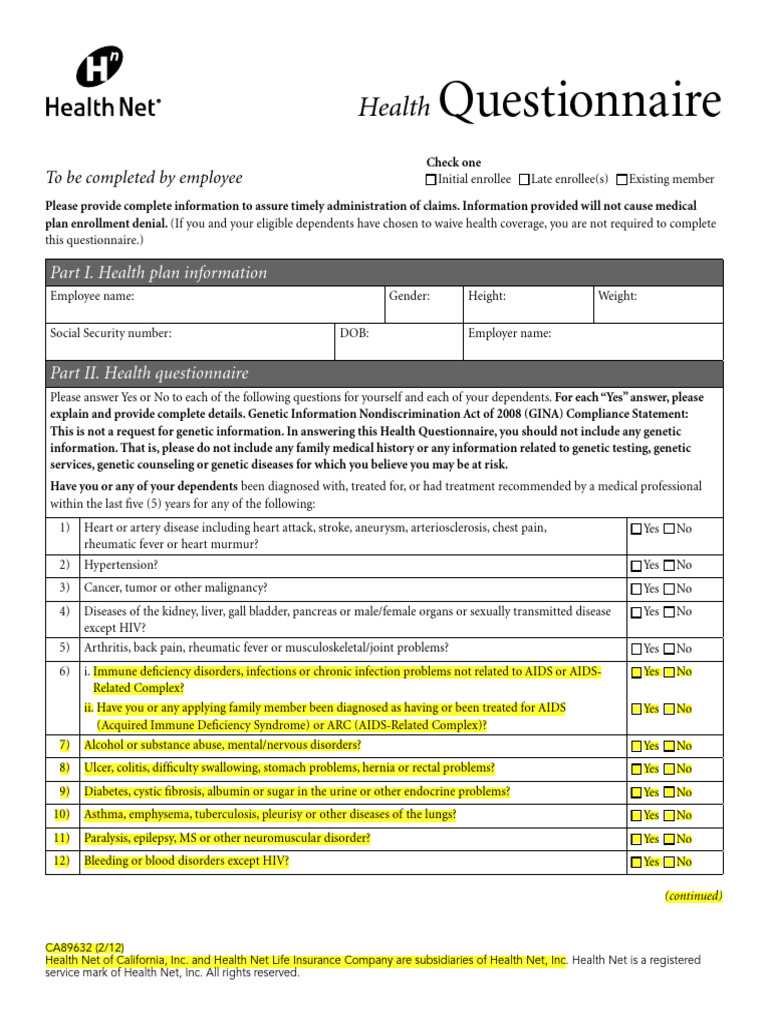 Health Questionnaire Template | PDF | Hiv/Aids | Cancer