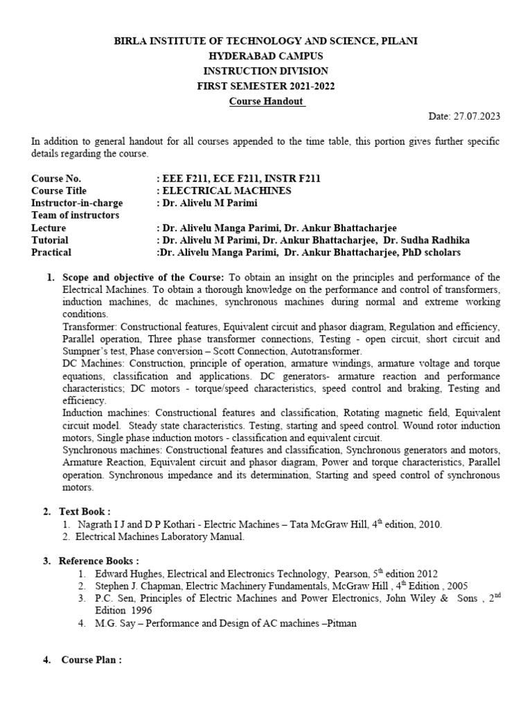 Handout - Electrical Machines EEE F211 ECE F211 INSTR F211 | PDF ...