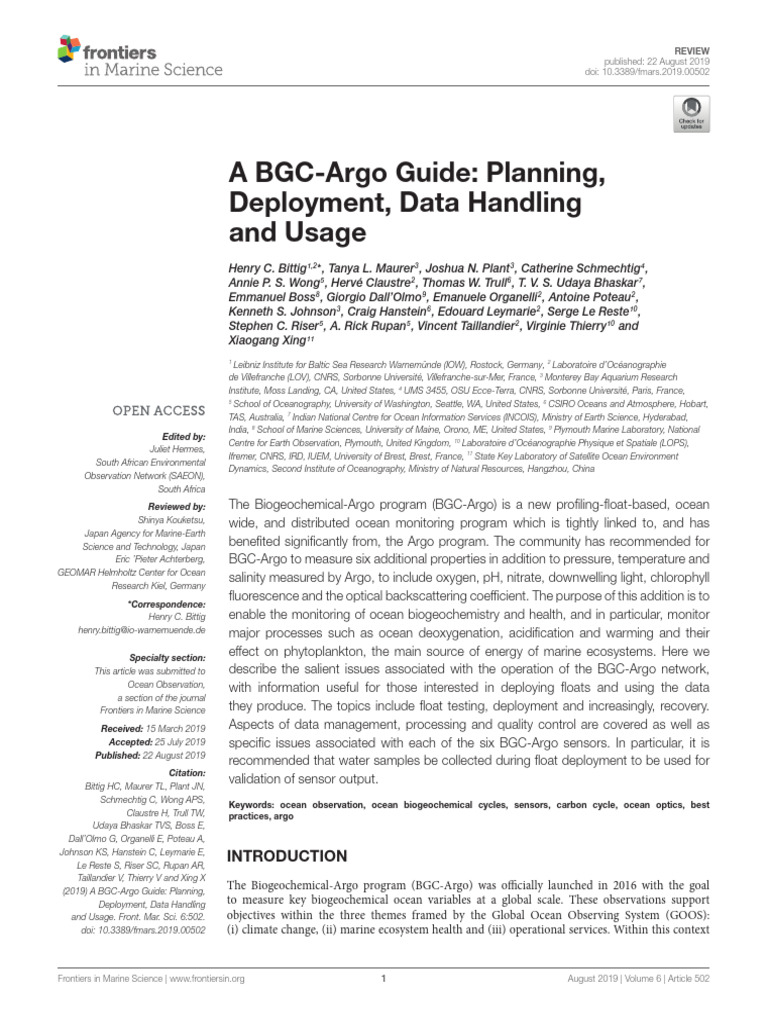 A BGC-Argo Guide - Planning, Deployment, Data Handling and Usage | PDF