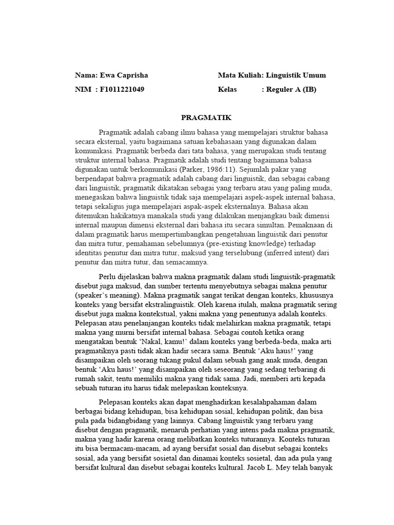 Dasar-Dasar Pragmatik dalam Linguistik | PDF