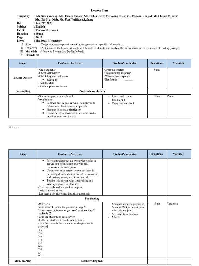 ENG409 - Group3 - Lesson Plan - Reading Skill | PDF | Learning | Human ...