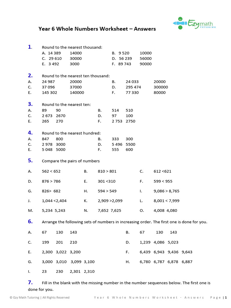 Year 6 Whole Numbers Worksheet Answers | PDF