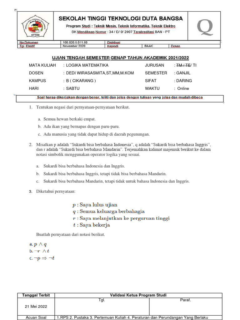 Soal Uts Logmat Dedi WS | PDF