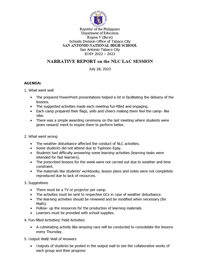 Narrative Report On LAC On NLC | PDF