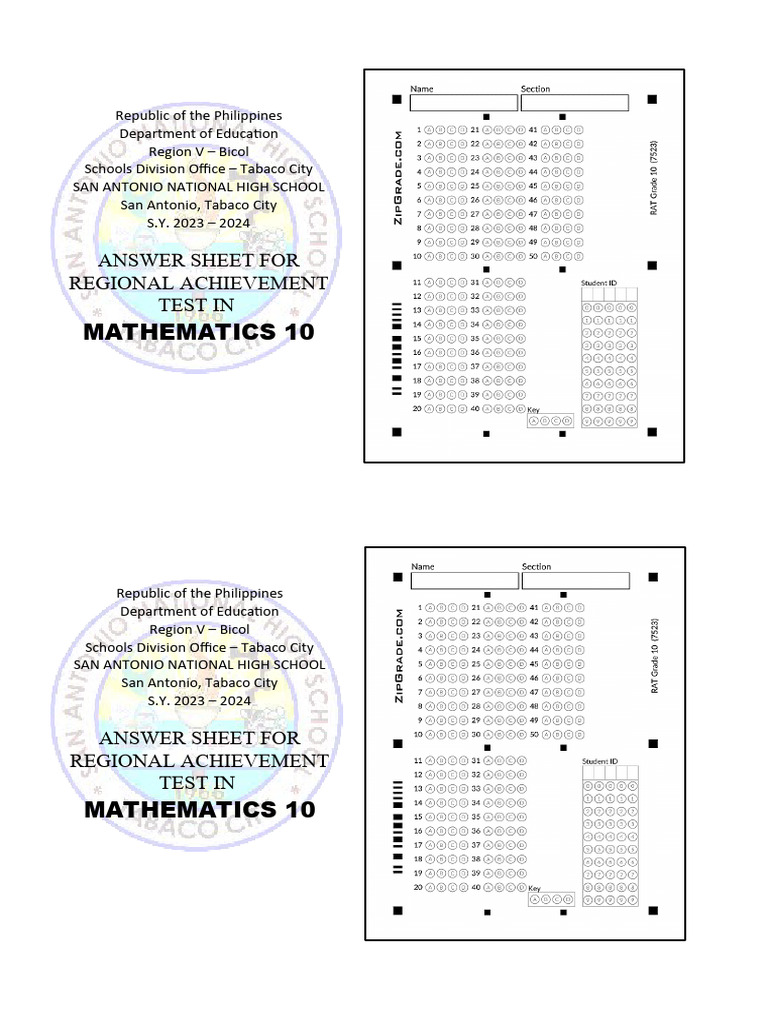 RAT Answer Sheet Grade 10 | PDF