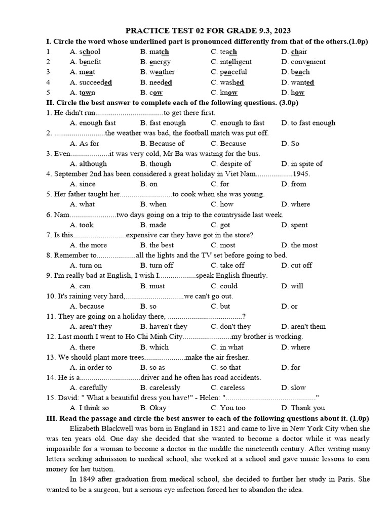 Practice Test 02 For Grade 9.3, 2023 | PDF