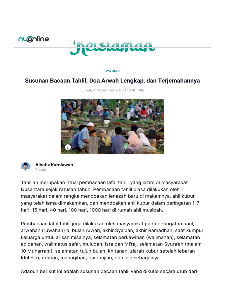 Susunan Bacaan Tahlil, Doa Arwah Lengkap, Dan Terjemahannya - NU Online ...