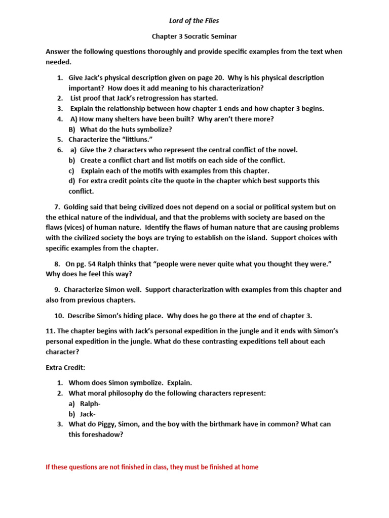 Lord of The Flies Chapter 3 Socratic Seminar Questions | PDF | Games ...