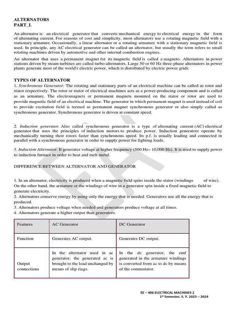 Types and Functions of Alternators | PDF | Electric Generator ...