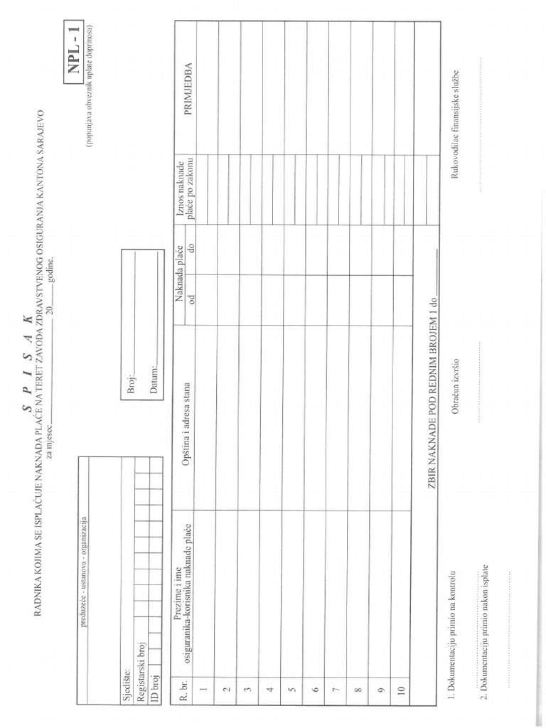 Obrazac NPL 1 Spisak Radnika Kojima Se Isplacuje Naknada Place Na Teret ...