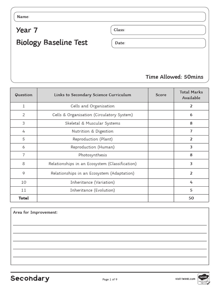 Year 7 Biology Baseline Test | PDF | Heart | Vein