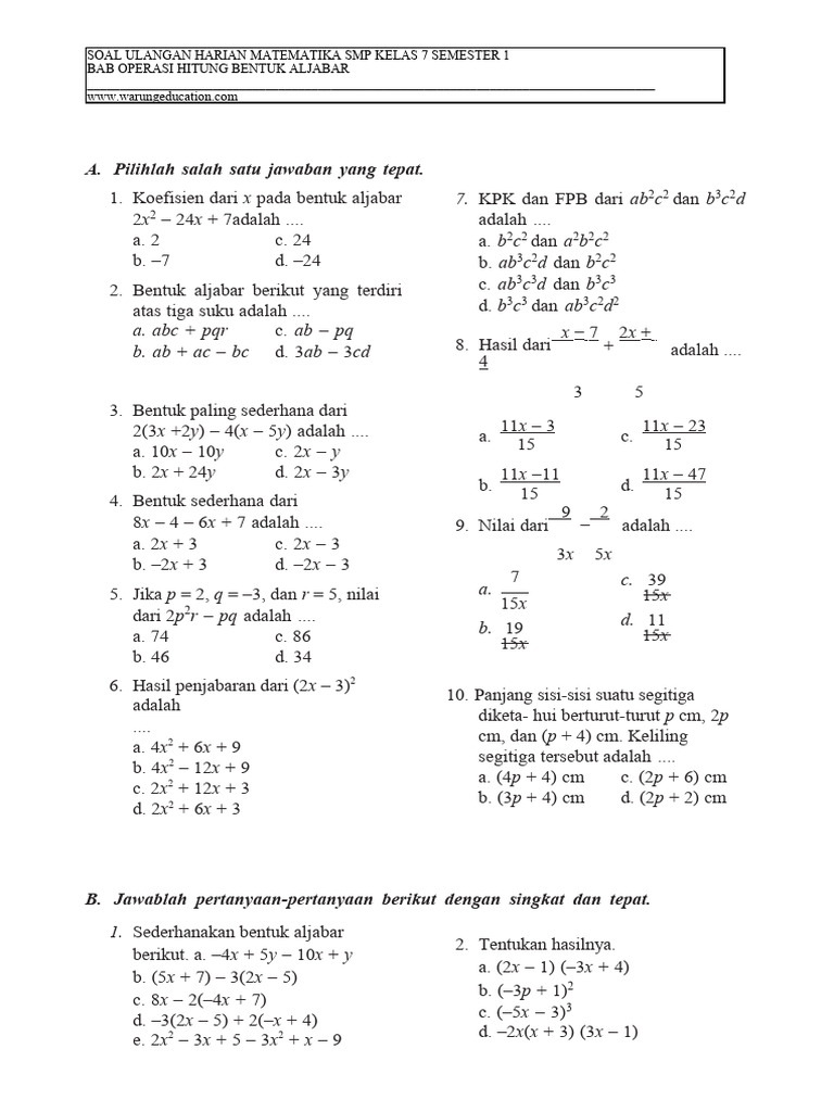Soal Uh MTK SMP Kelas 7 Bab Operasi Hitung Bentuk Aljabar Semester 1 1 PDF | PDF