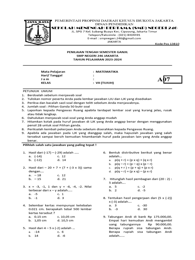 SOAL PTS KELAS 7 MTK 2023 Ganjil | PDF