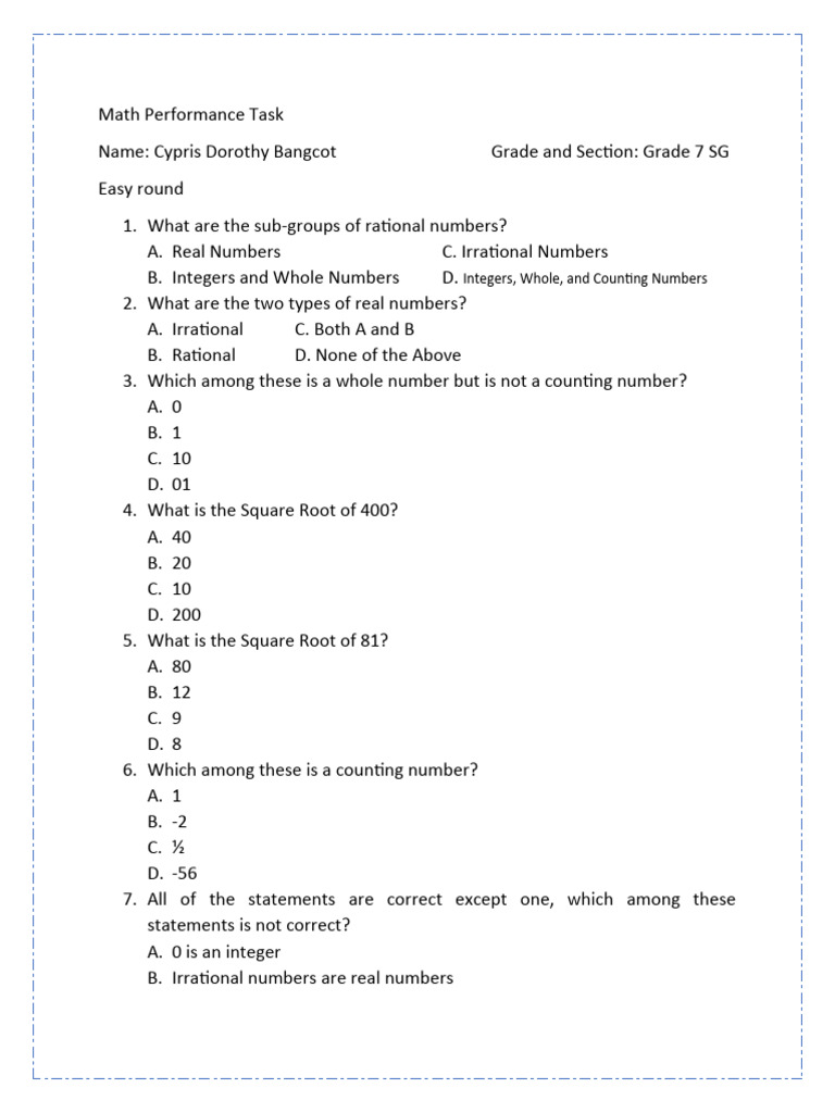 Math Performance Task Pdf Numbers Real Number